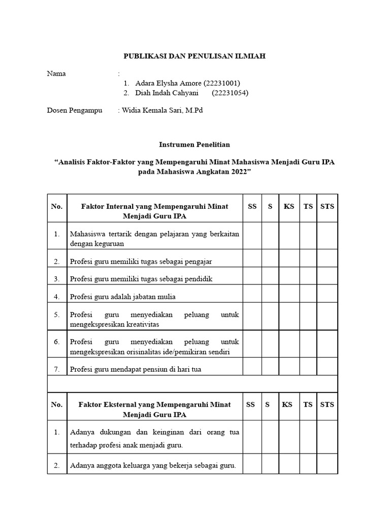 Instrumen Penelitian Mini Proyek - Adara Dan Diah | PDF