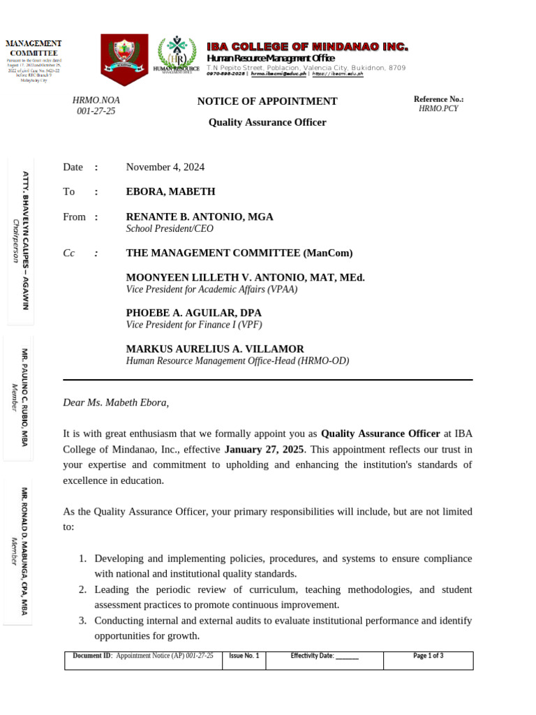 Notice of Appointment DANICA HASSIN | PDF | Business
