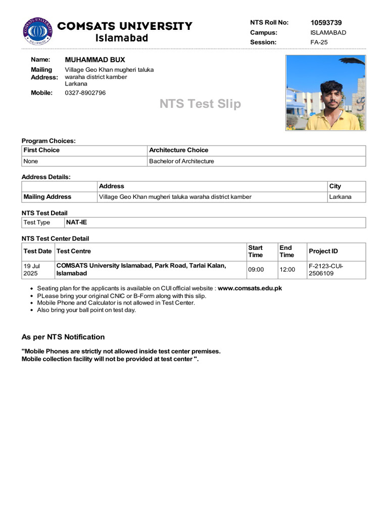 NTS Test Slip for Architecture Program | PDF