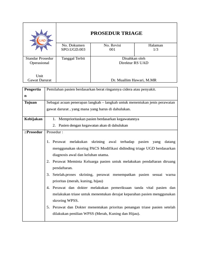 Spo Skrining Internal (Triage) Uad Fix Konsul | PDF