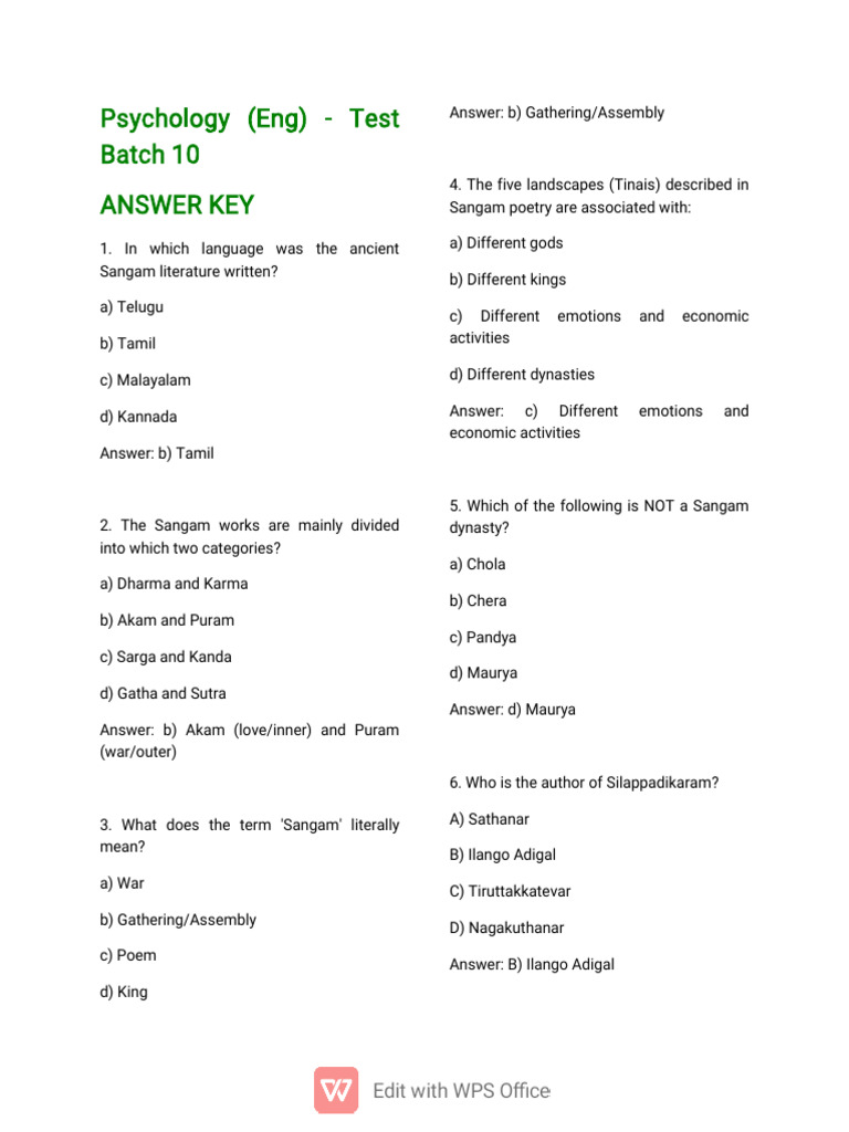 Tamil Psychology Test Answers | PDF | Psychologist | Tamil Nadu