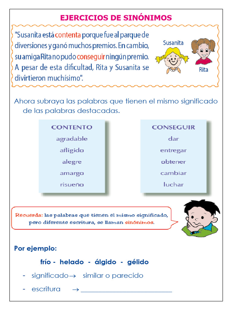 Ejercicios de Sinónimos para Niños | PDF