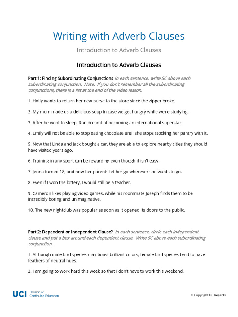 1.1 Intro To Adverb Clauses Independent Practice | PDF