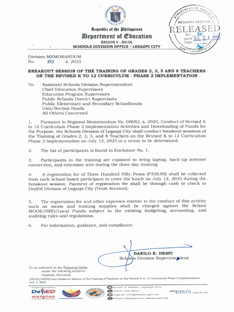 DM No. 455 S. 2025 Breakout Session of The Training of Grades 2 3 5 and ...