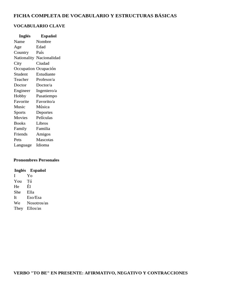 Vocabulario y Estructuras Básicas en Inglés | PDF | Lingüística | Idiomas