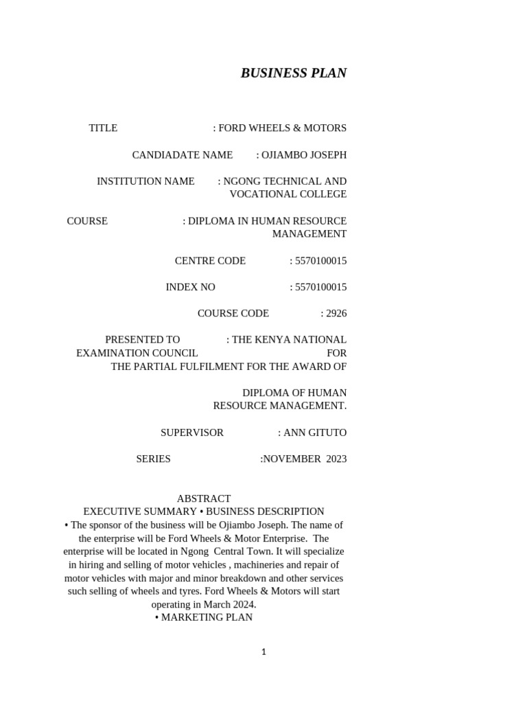 Abstract Business Plan Joseph Ojiambo 5570100015 | PDF | Business ...