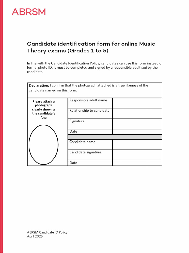 Candidate ID Form - Online Music Theory | PDF