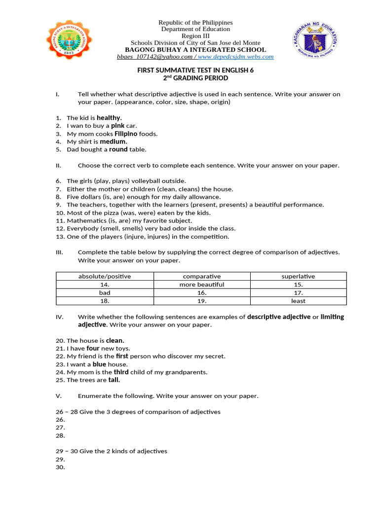 English 6 Summative Test Guide | PDF