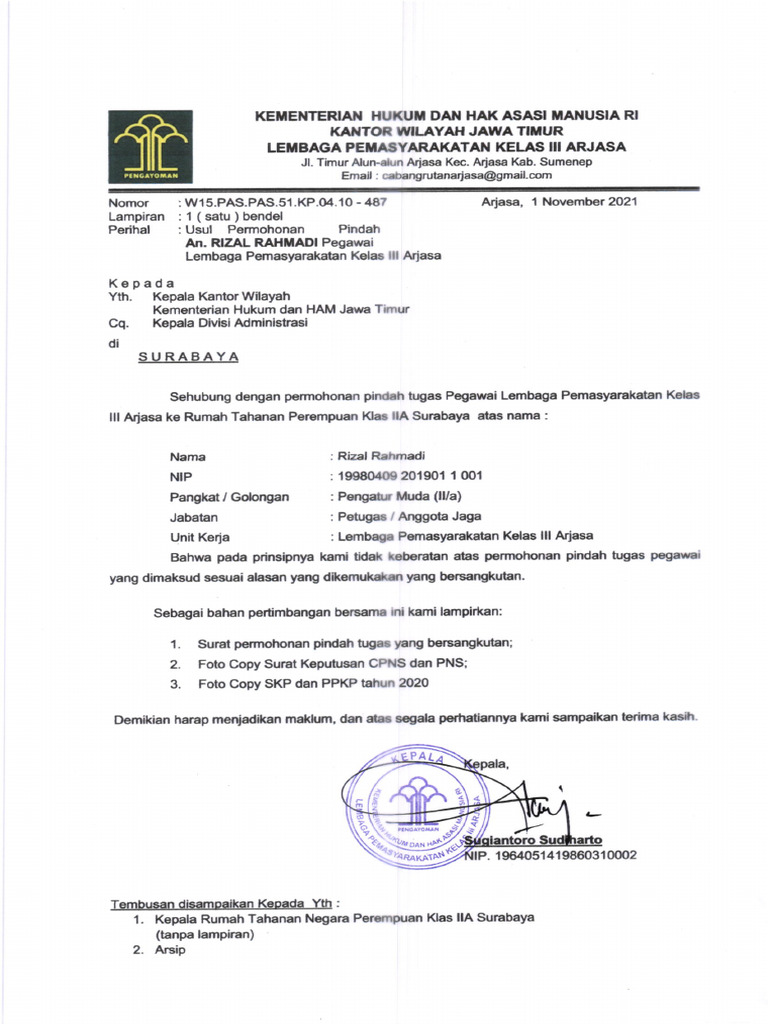 Contoh Surat Pengantar Pengajuan Mutasi PNS | PDF