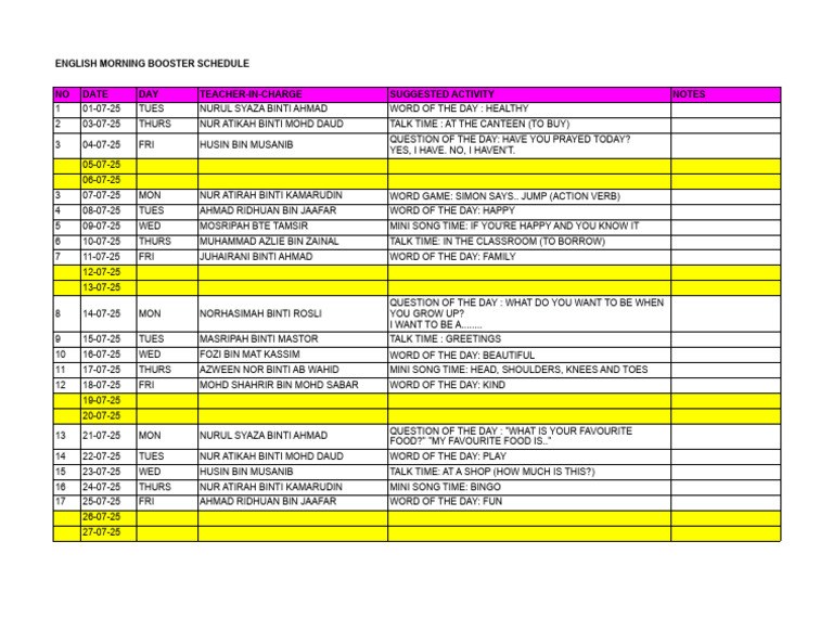 English Morning Booster Schedule | PDF