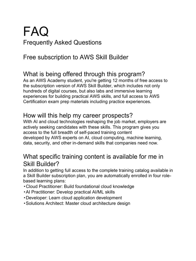 FAQ-Frequently Asked Questions - Free Subscription To AWS Skill Builde | PDF | Amazon Web ...