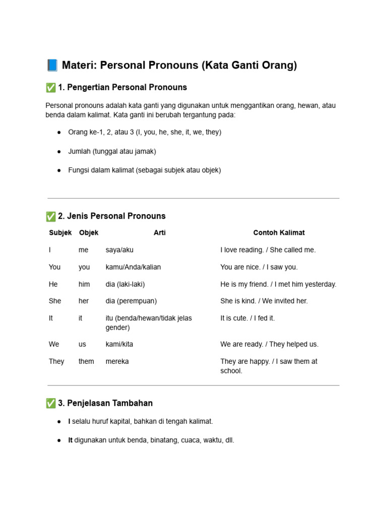 Pengertian dan Contoh Personal Pronouns | PDF