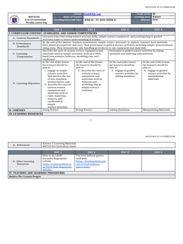 DLL Matatag Science 3 q1 w2 | PDF | Curriculum | Fingerprint