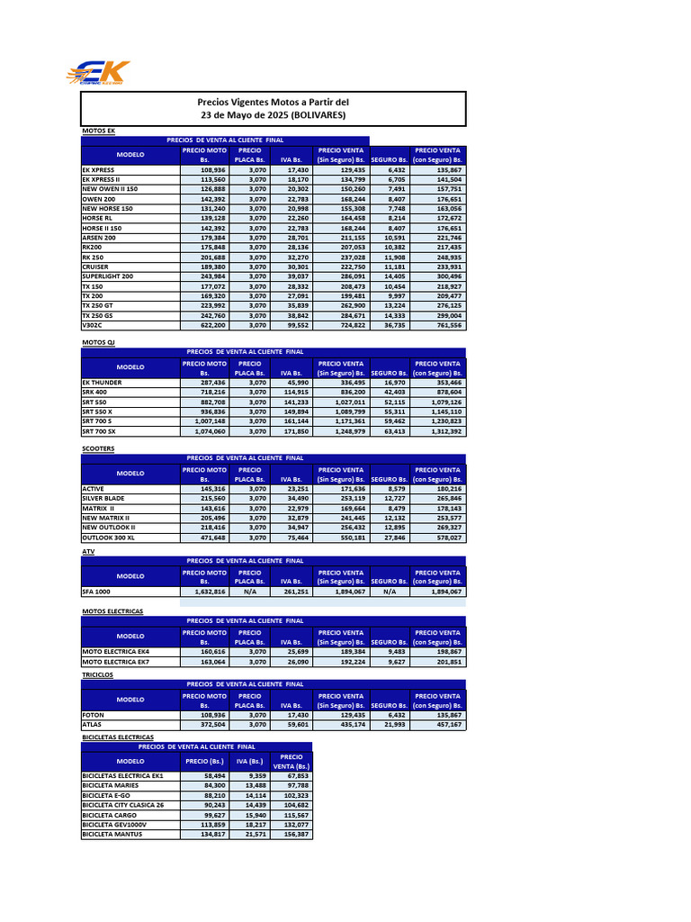 Lista Precios Ek Cliente Final A Partir Del 23 de Mayo de 2025 Con Seguro (BS) | PDF