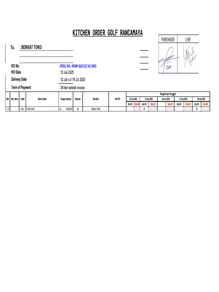 Bt01.Ko-rcmy-glf.12.07.2025 Jadwal Kitchen Order Golf Periode 12 S.D 18 Juli 20025 Berkat Toko | PDF