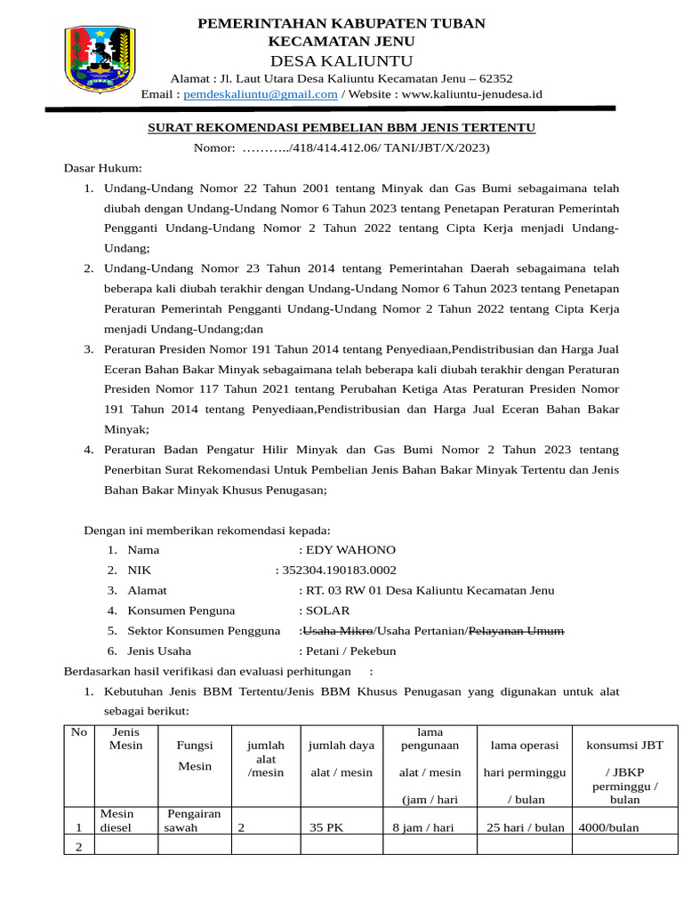 Contoh Format Surat Rekom Pertanian | PDF