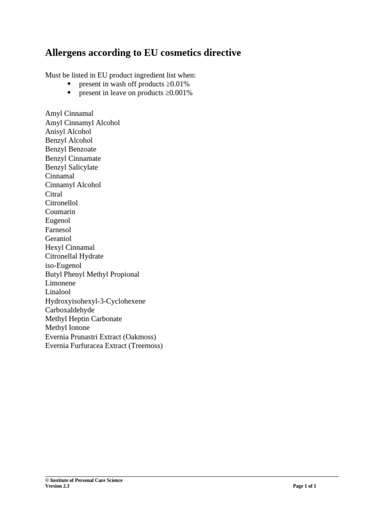 Allergens According To EU Cosmetics Directive | PDF