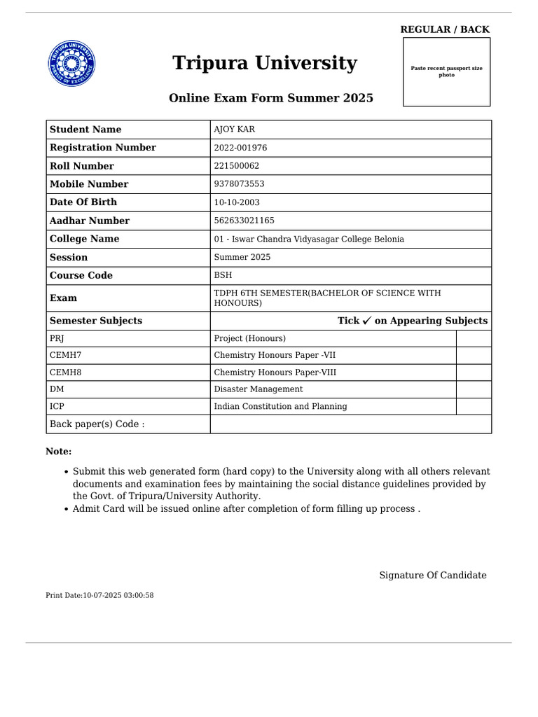 Ajoy Kar Online Exam Form 5th Semester 2025 | PDF