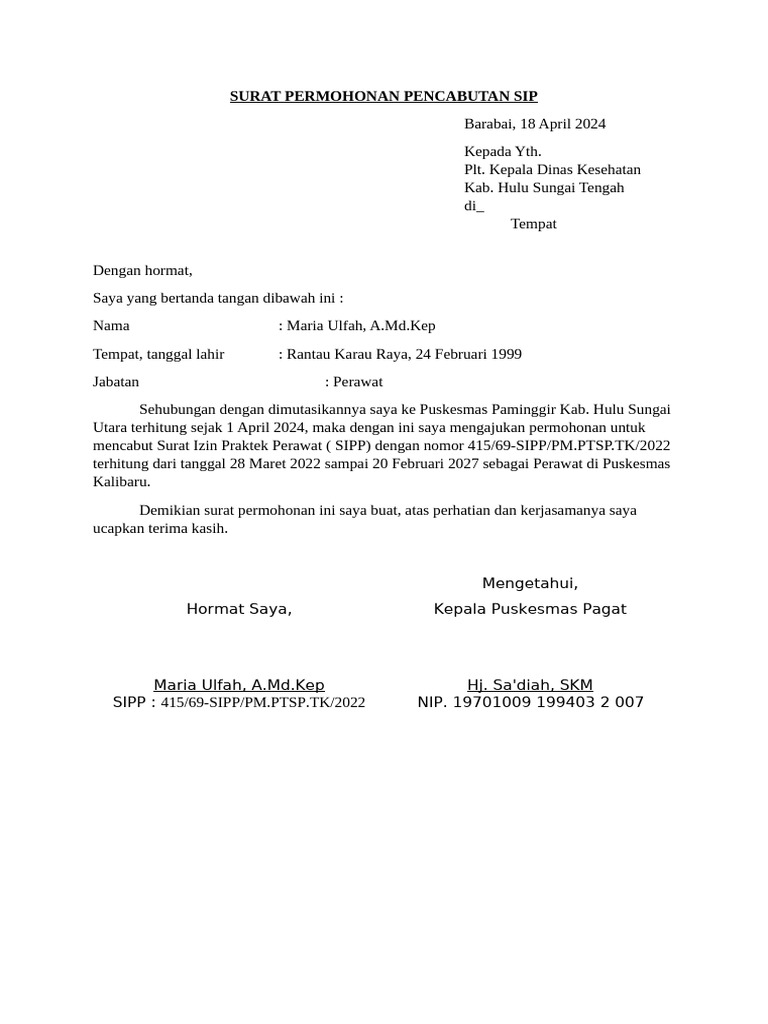 maria-SURAT PERMOHONAN PENCABUTAN SIP | PDF