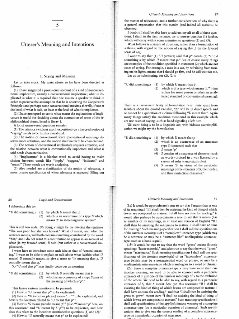 Grice, Utterance Meaning and Intention | PDF