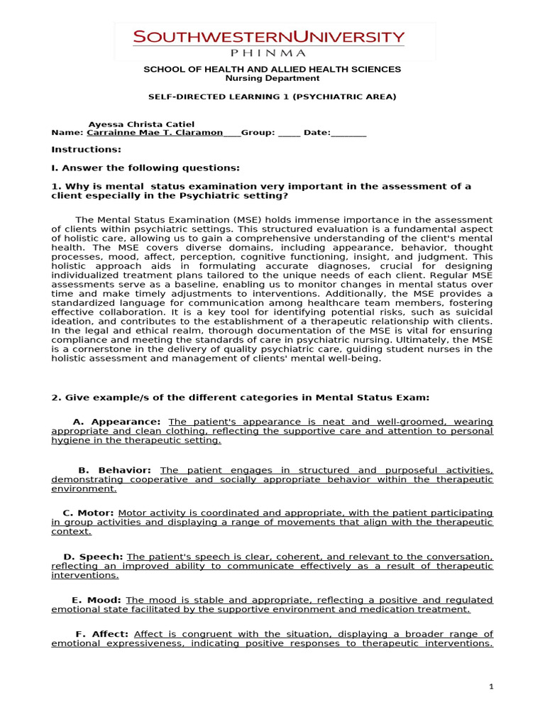 Importance of Mental Status Examination | PDF | Psychotherapy | Psychiatry