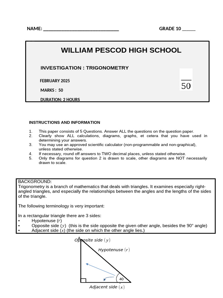 Grade 10 Trigonometry Exam Paper | PDF | Trigonometry | Elementary Geometry