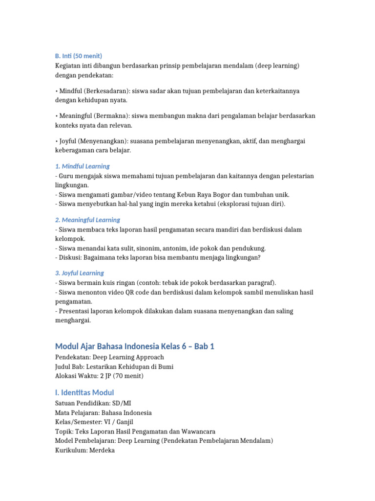 Modul Ajar Deep Learning Bahasa Indonesia Kelas6 Bab1 Revisi Mindful | PDF