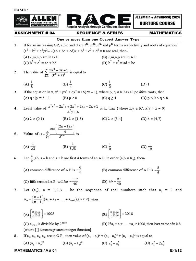 04 # Assignment - Sequence & Ser-1-2 | PDF | Mathematical Analysis | Elementary Mathematics