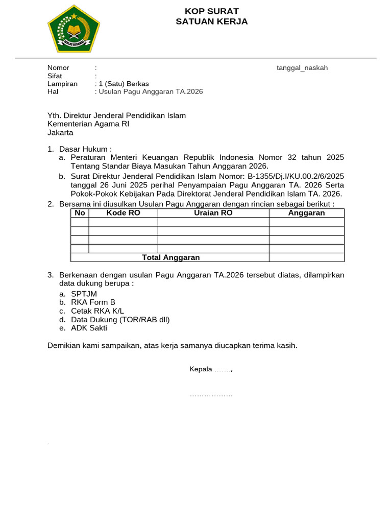 Format Surat Usulan Pagu Anggaran 2026 | PDF
