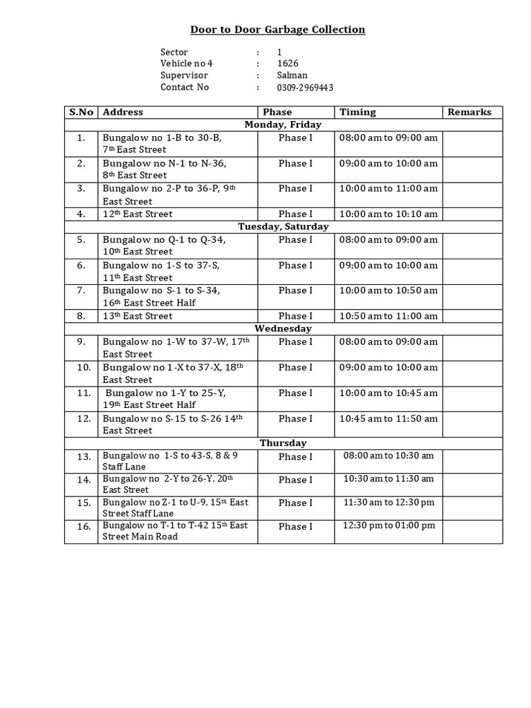 Door-to-Door Garbage Collection Schedule | PDF | Houses | House Types