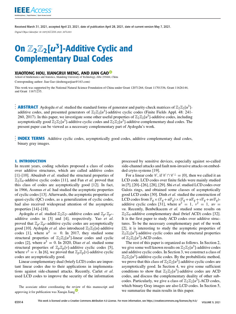 On ZZu-Additive Cyclic and Complementary Dual Codes | PDF | Ring (Mathematics) | Abstract Algebra