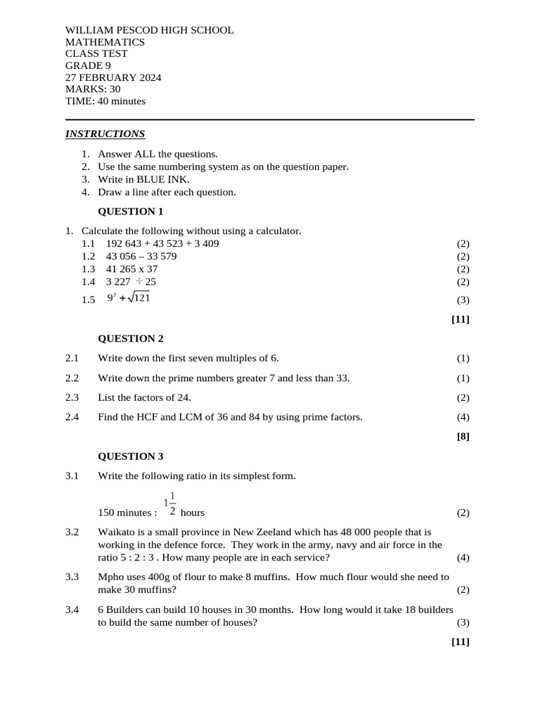 Grade 9 Mathematics Test Questions | PDF
