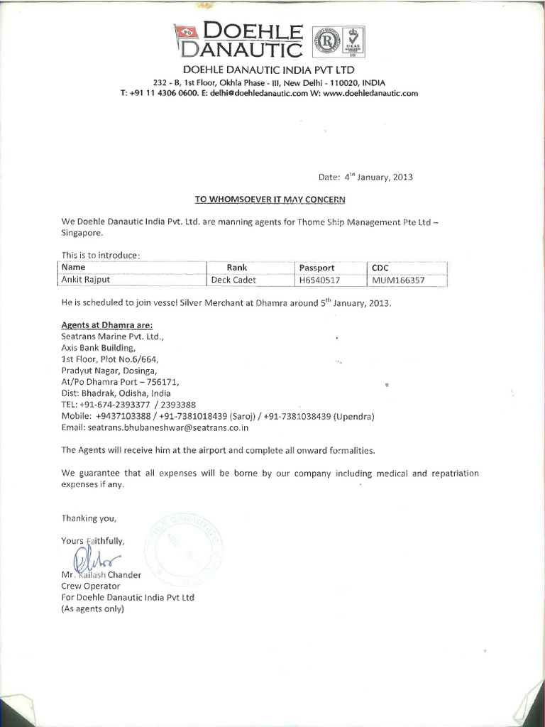Ship Joining Letter 2nd (2013) | PDF