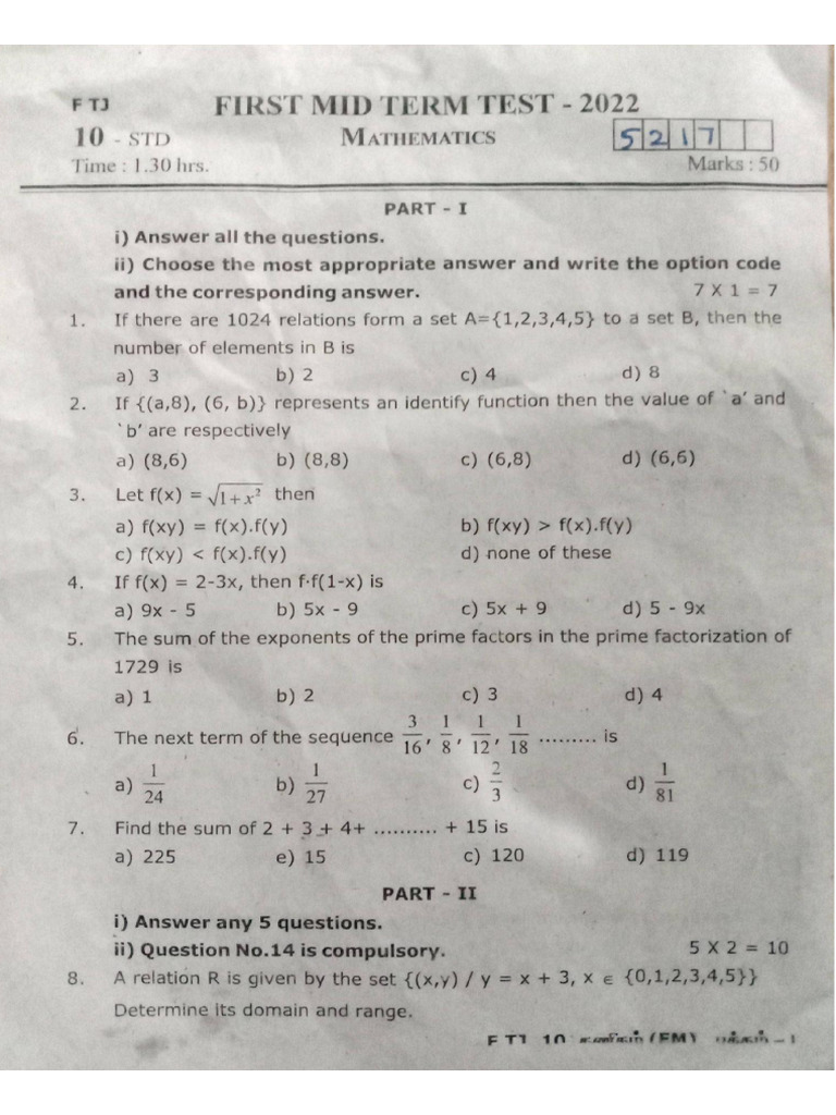 10th Maths 1st Mid Term Exam 2022 Question Paper Namakkal District Tamil Medium PDF Download | PDF