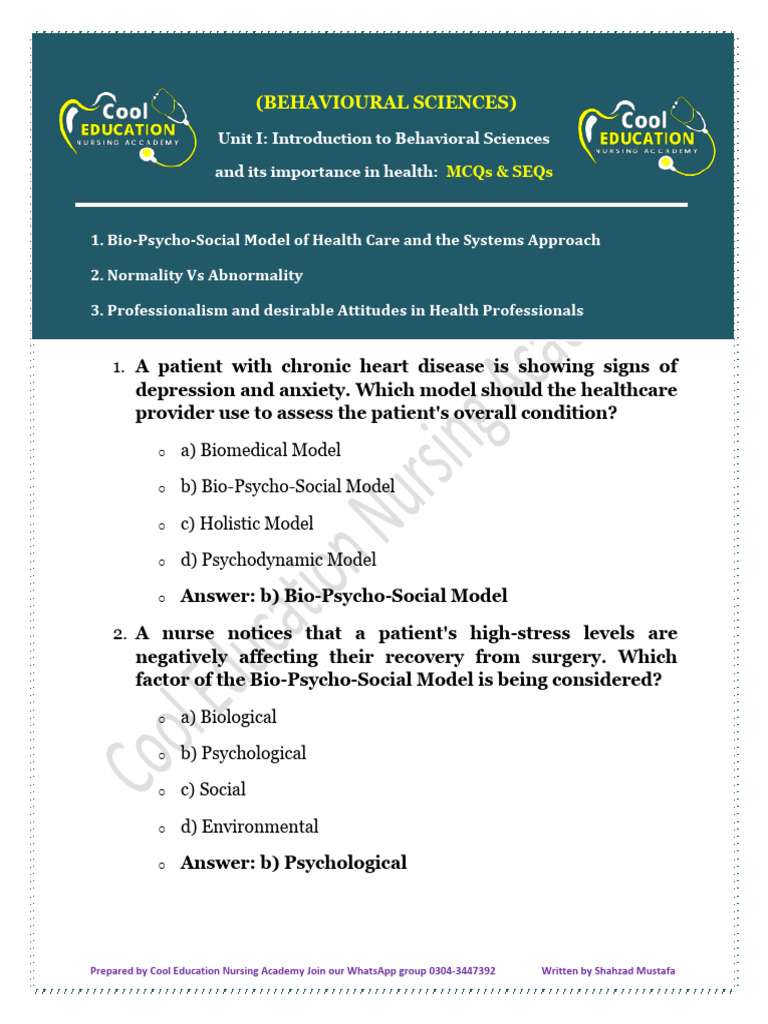 Behavioral Science MCQs with Answers | PDF | Health Care | Chronic ...