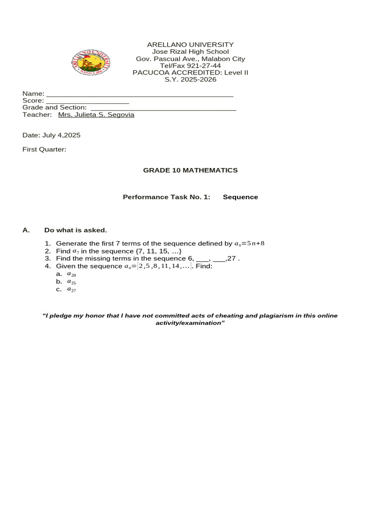 Performance Task 1 Sequence 2025 26 | PDF