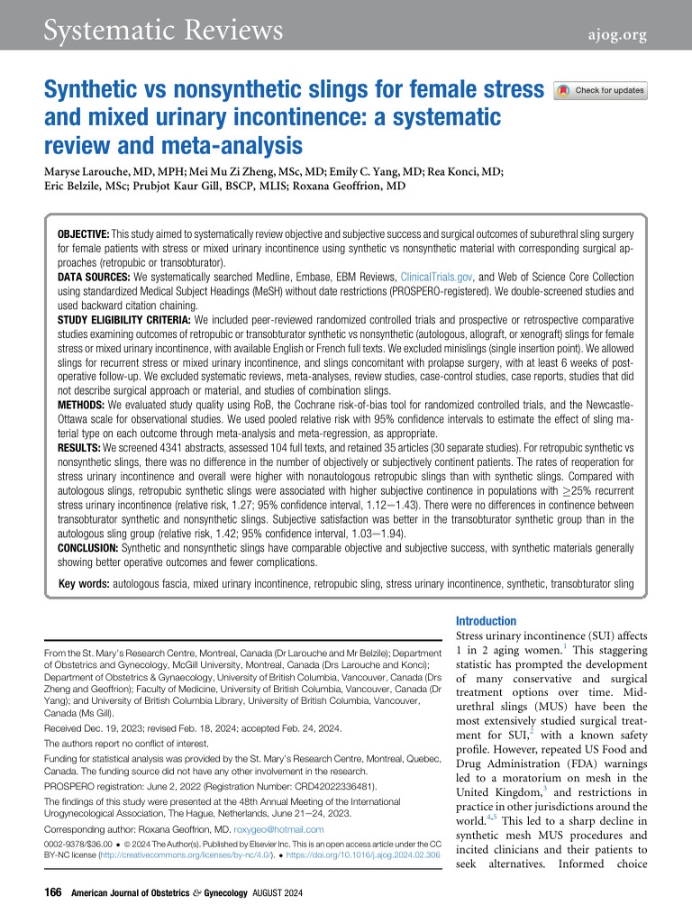 Synthetic Vs Nonsynthetic Slings X Mixed Urinary Incontinence ...