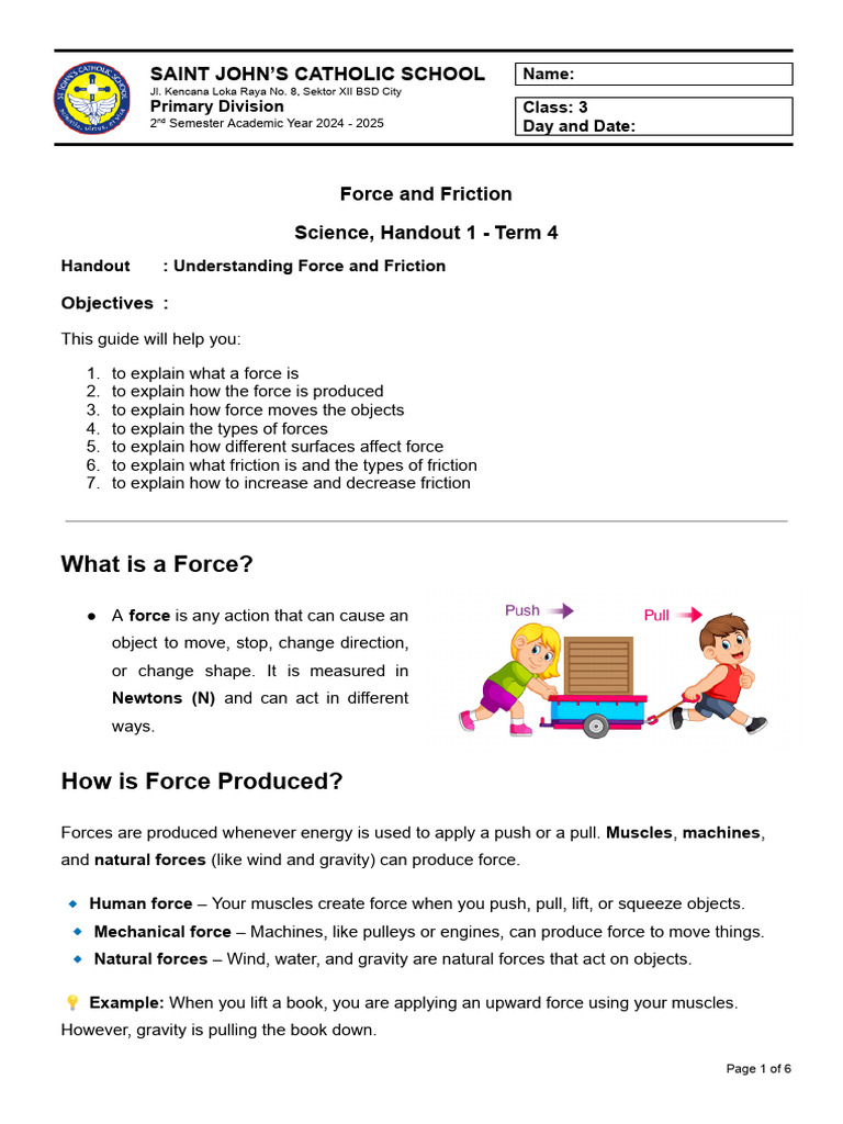 P3 Science Handout 1 (Force and Friction) - Term 4 - 2024-2025 | PDF ...