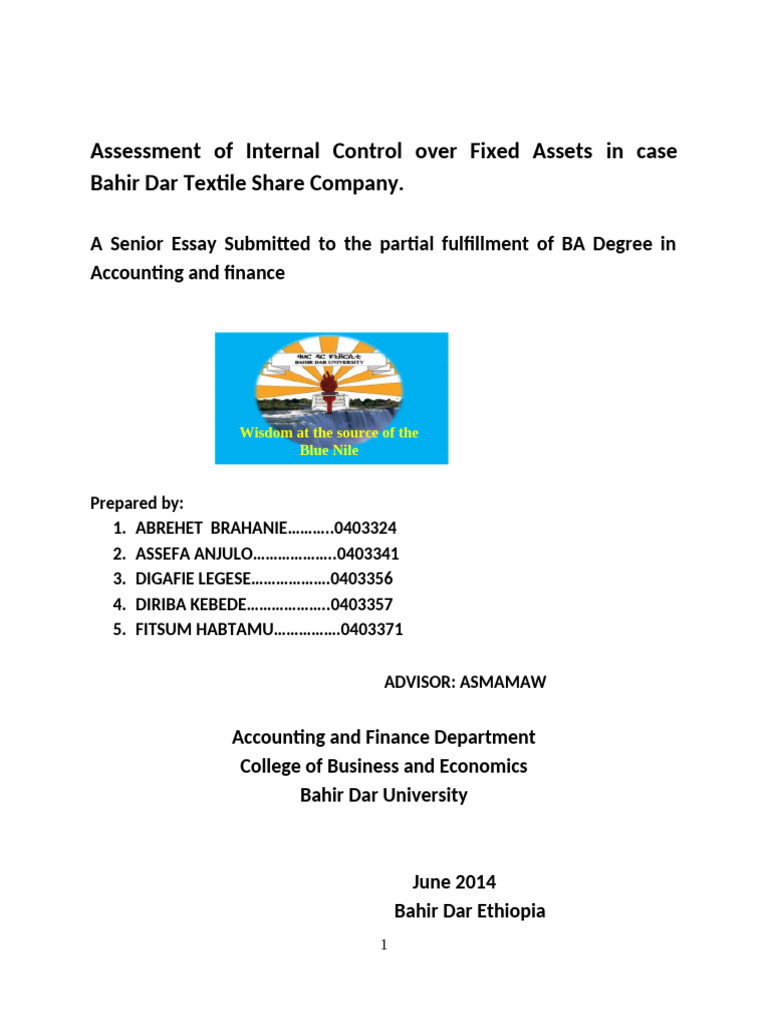 Assessment of Internal Control Over Fixed Assets in Case Bahir Dar ...