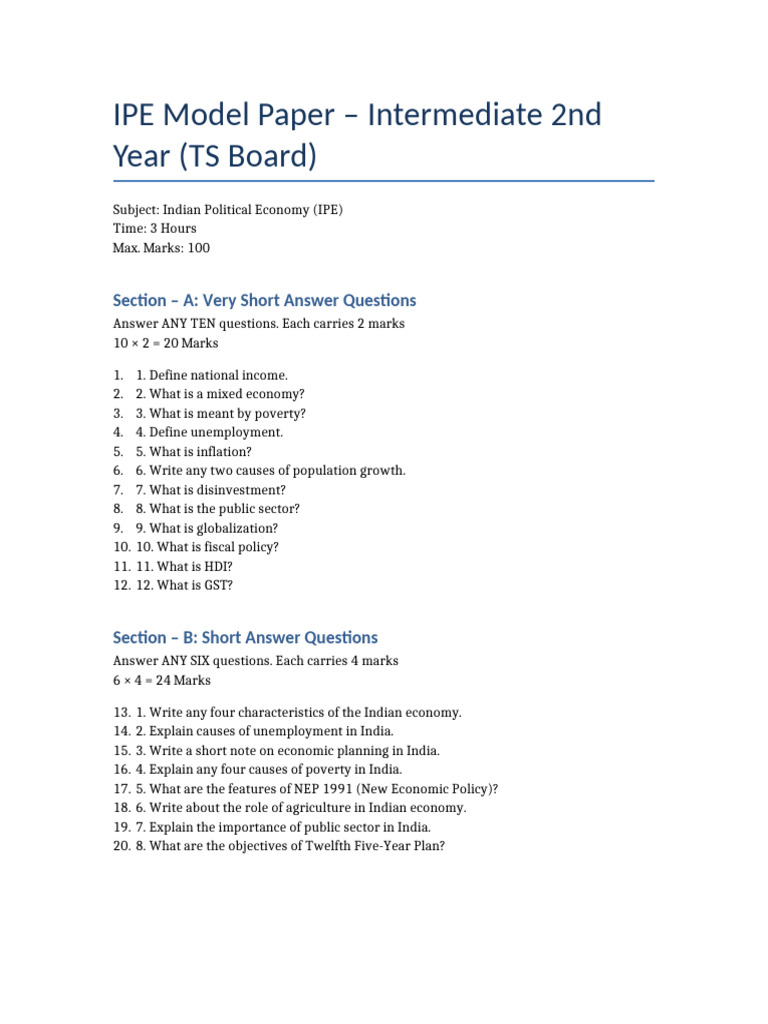 IPE Model Paper TS 2nd Year | PDF