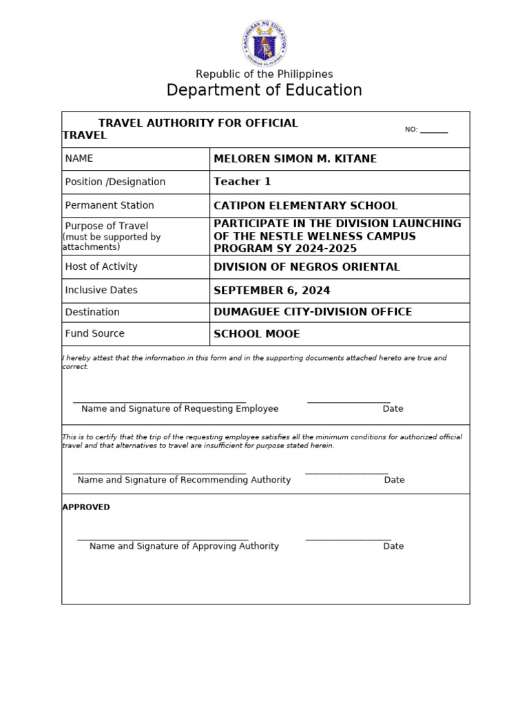Travel Authority For Official Travel 2 | PDF | Government