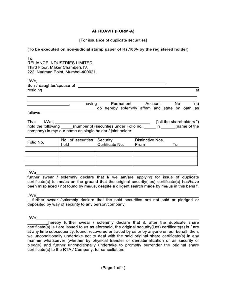 Affidavit Form A Rs. 100 | PDF