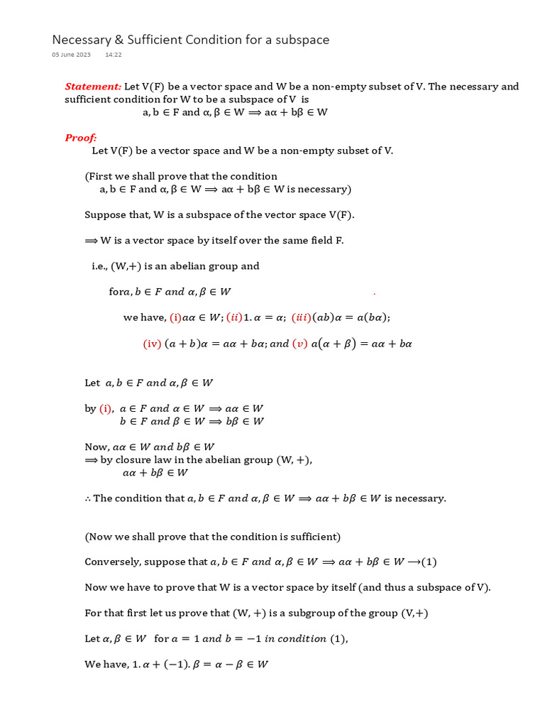 Necessary & Sufficient Condition For A Subspace | PDF
