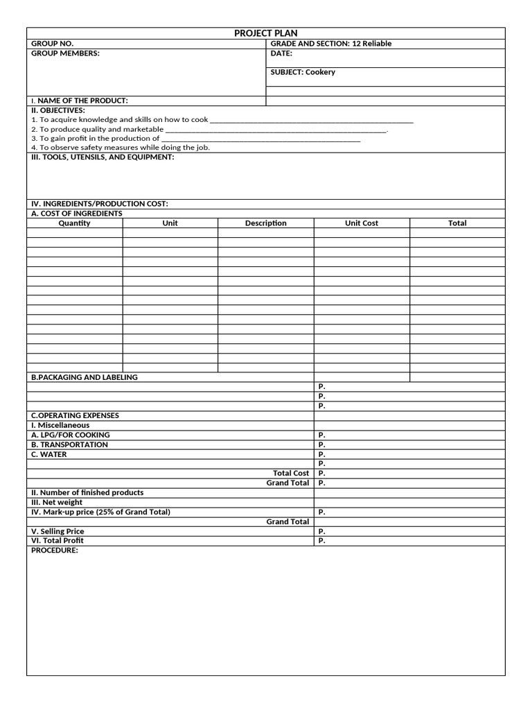 Cookery Project Plan Overview | PDF