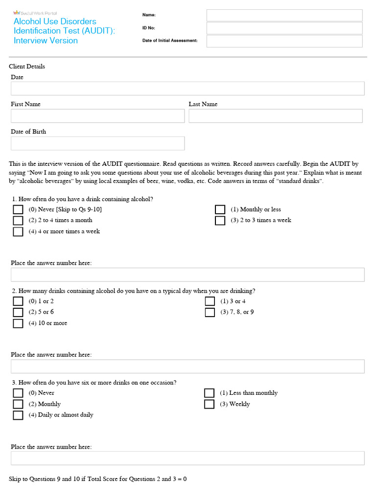 AUDIT Alcohol Screening Questionnaire | PDF | Alcoholic Beverages ...