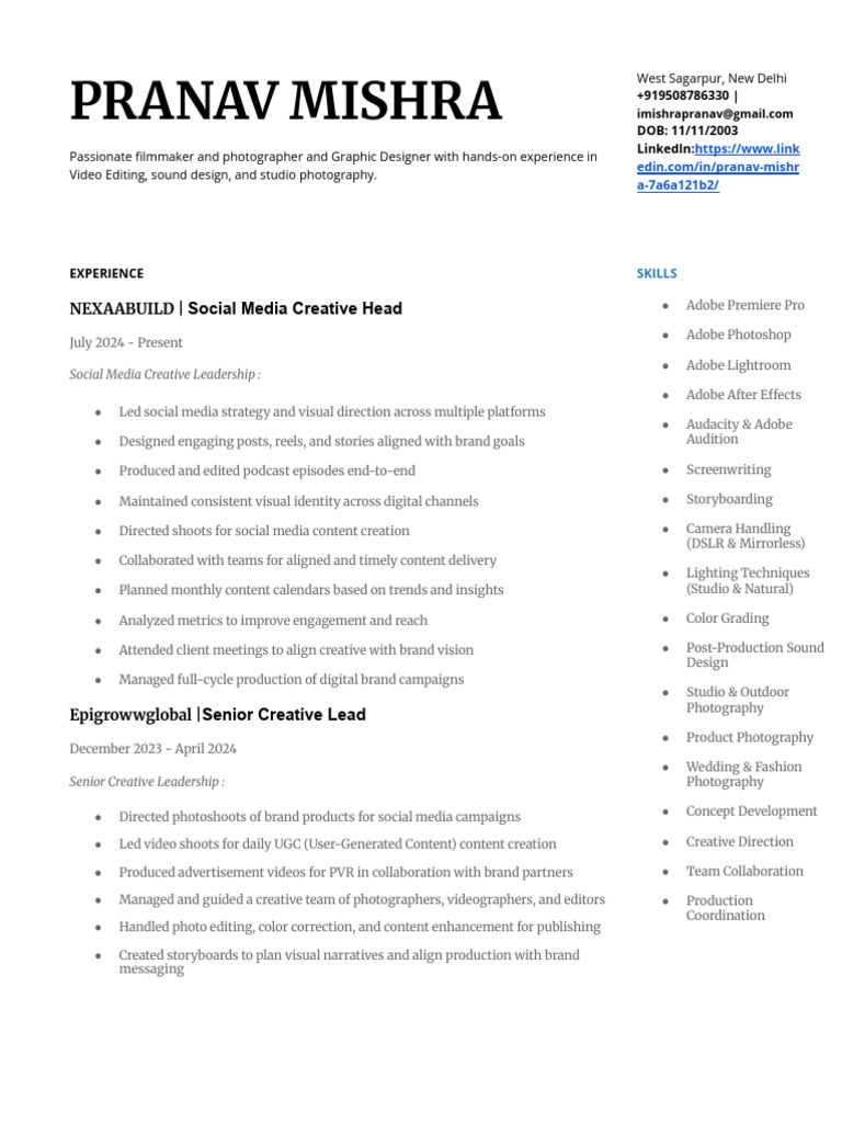 Pranav Mishra Resume (Updated April2025) | PDF | Editing