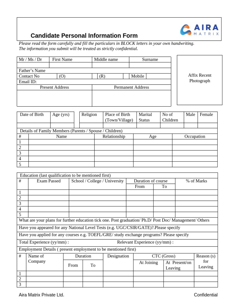 Candidate Personal Information Form | PDF