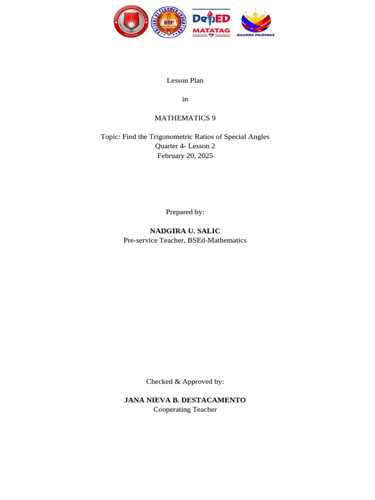 Trigonometric Ratios Lesson Plan for 9th Grade | PDF | Trigonometric ...