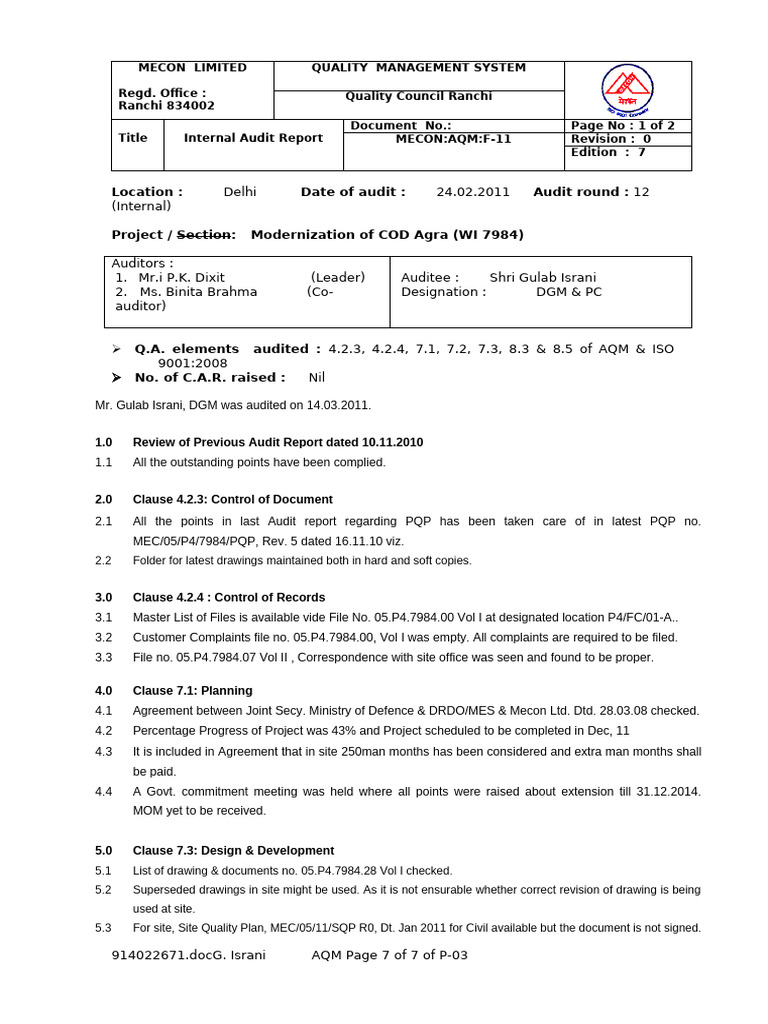 MECON Internal Audit Report 2011 | PDF | Auditor's Report | Business