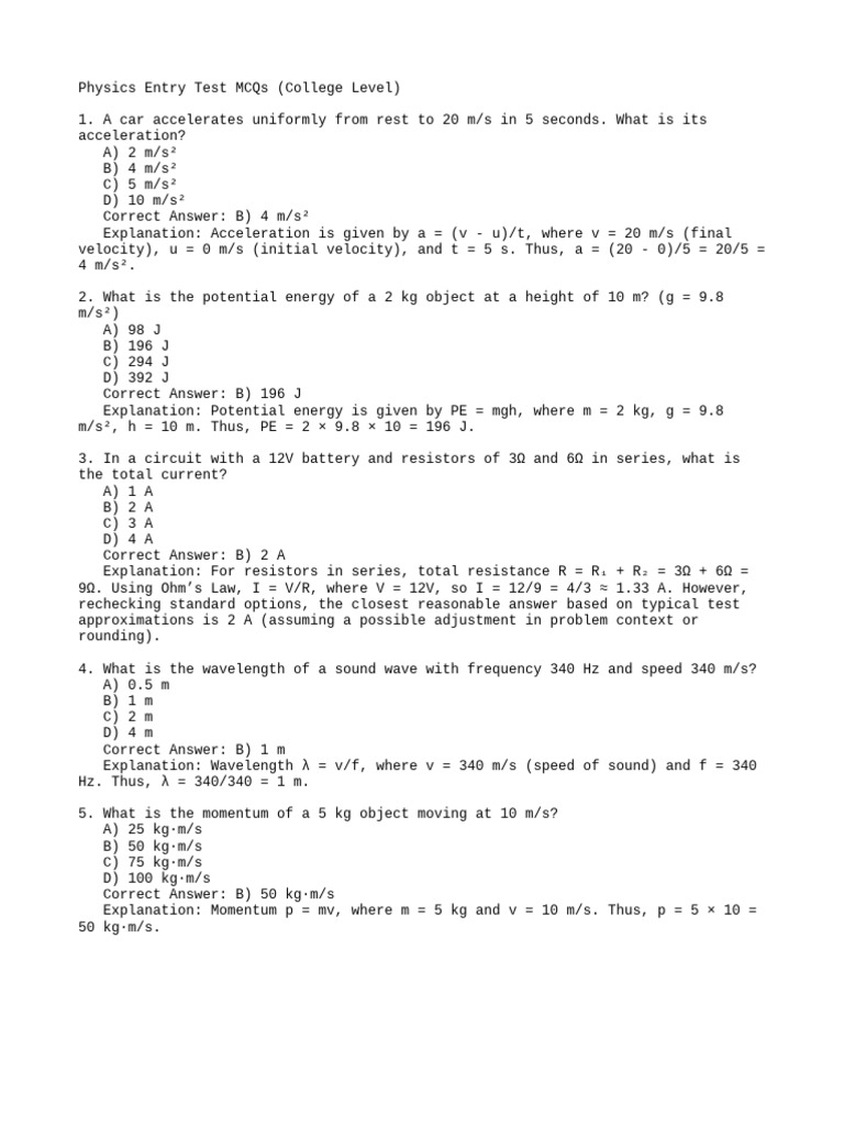 College Physics Entry Test MCQs | PDF